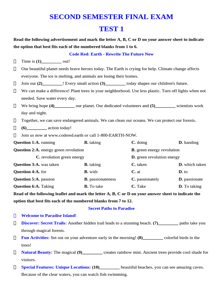 Second Semester Final Exam GRADE 10 Test 1 | PDF | Tourism | Natural ...