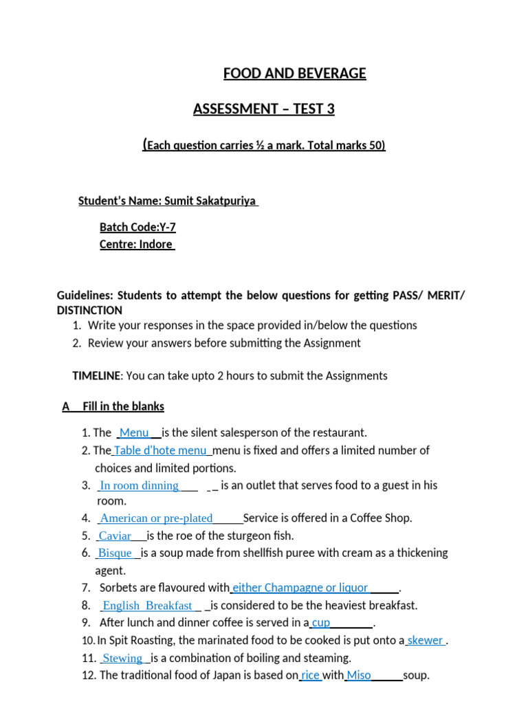 sFOOD AND BEVERAGE ASSESSMENT TEST-1 | PDF | Sauce | Cooking