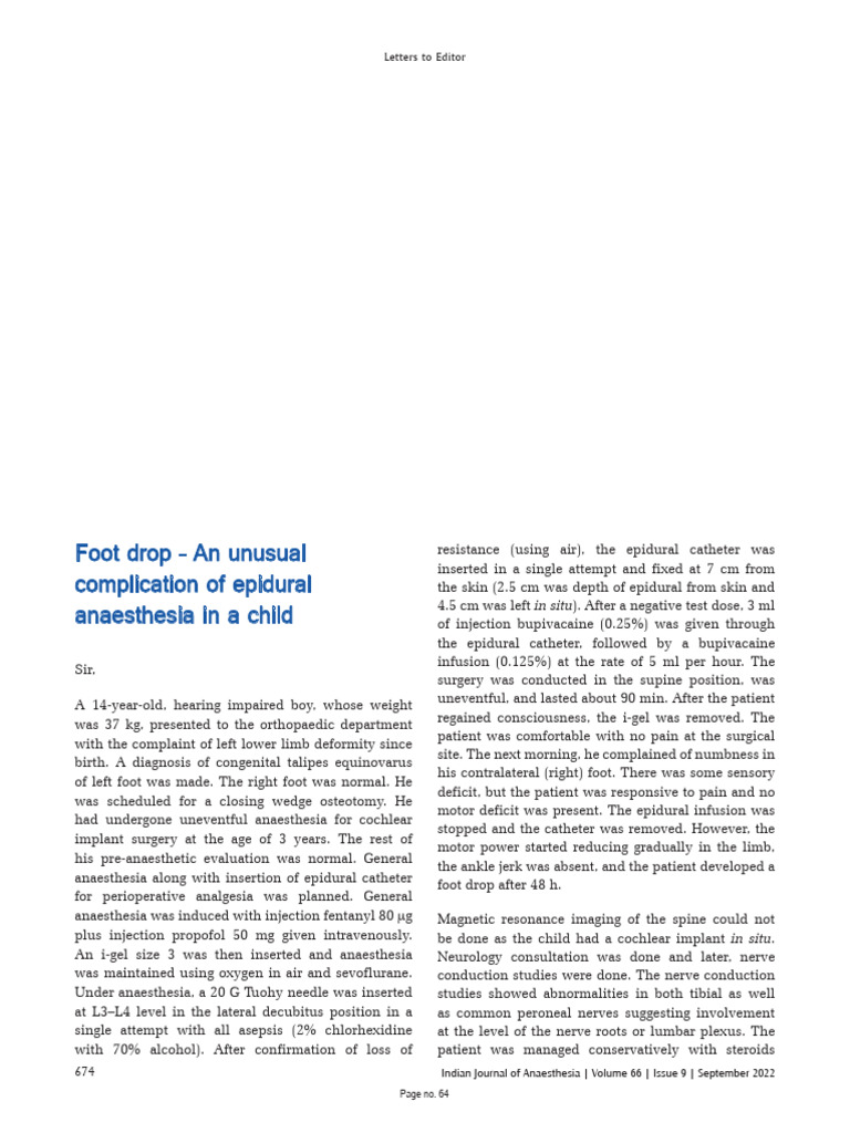 Foot Drop An Unusual Complication of Epidural.11 | PDF | Anesthesia ...