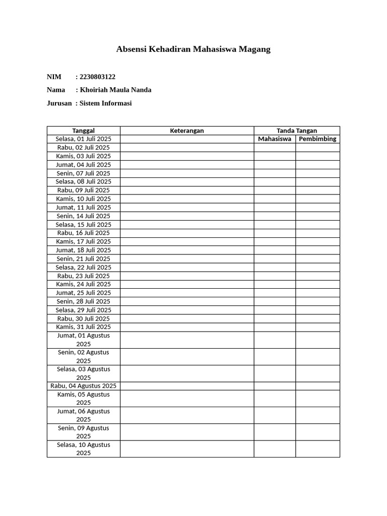 Absensi Kehadiran Mahasiswa Magang | PDF