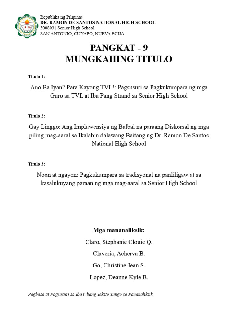 Mga Mungkahing Titulo | PDF