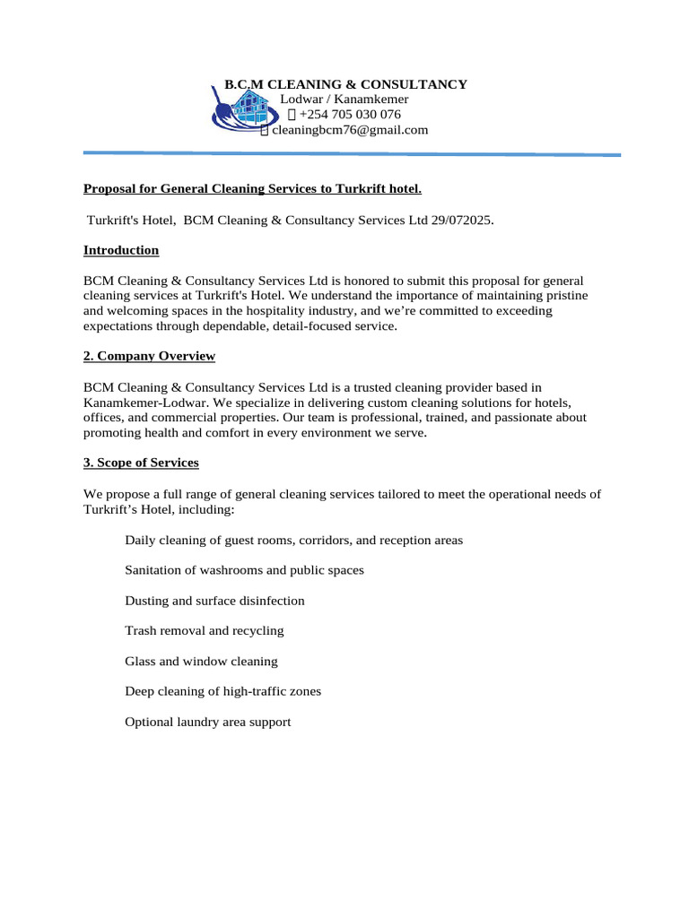 Proposal For General Cleaning Services To Turkrift Hotel. | PDF