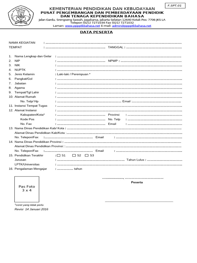 Revisi Formulir Data Peserta 2016 | PDF