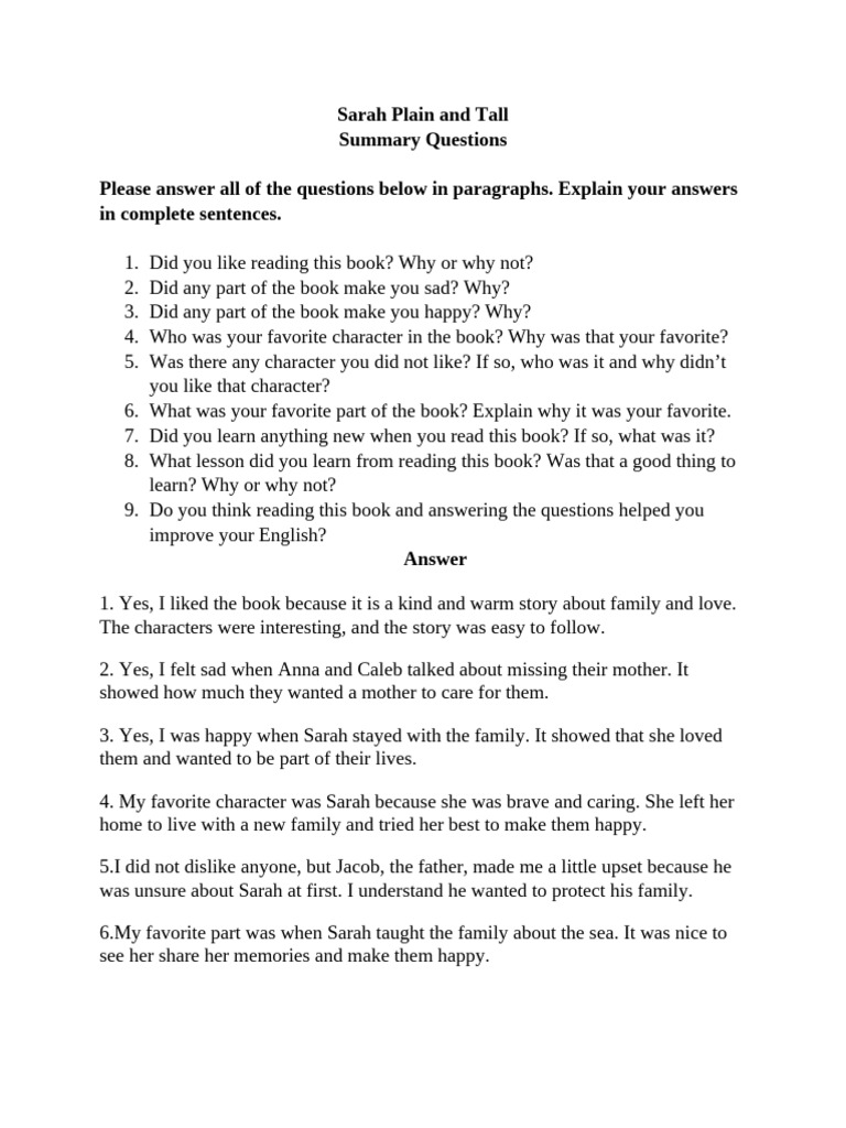 Summary of Sarah Plain and Tall | PDF