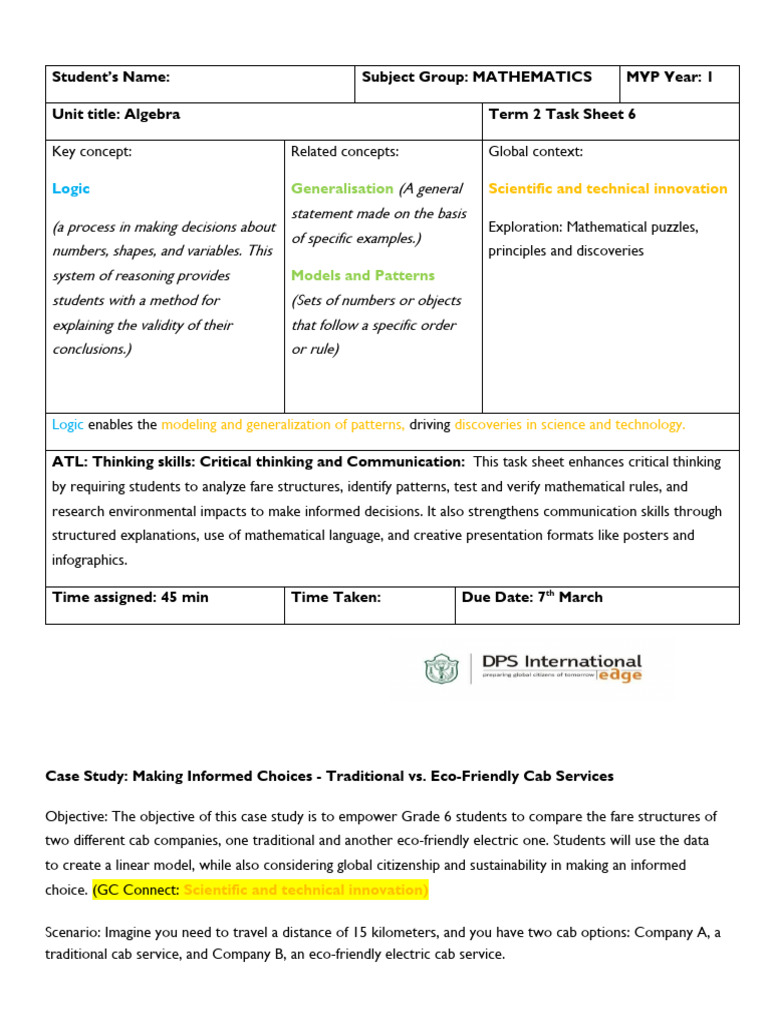 MYP_1_Term_2_Tasksheet__6_Algebra (1) | PDF | Mathematics | Critical Thinking