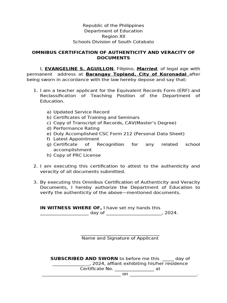 Omnibus Certification of Authenticity and Veracity of Documents Erf | PDF