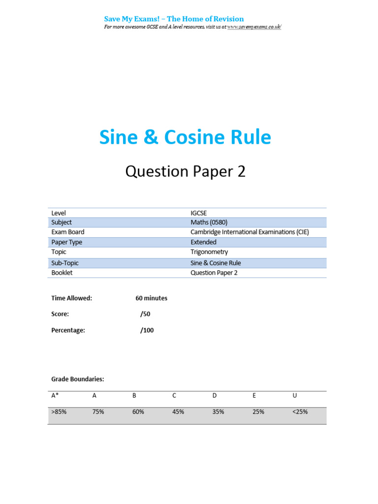 63.2 2d Sine Cosine Rule - Cie Igcse Maths 0580-Ext Theory-Qp | PDF | Qualifications | Schools