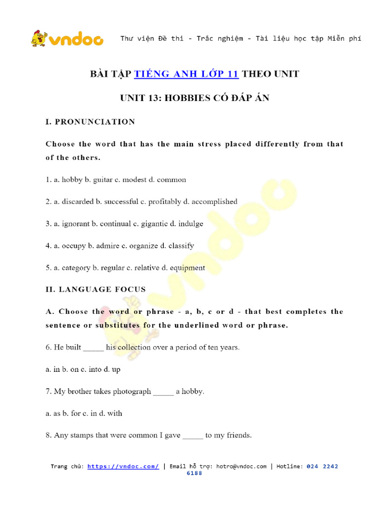 Bài Tập Tiếng Anh Lớp 11 Unit 13 Hobbies Có Đáp Án - VnDoc.com - Bai-tap-tieng-Anh-lop-11-Unit ...