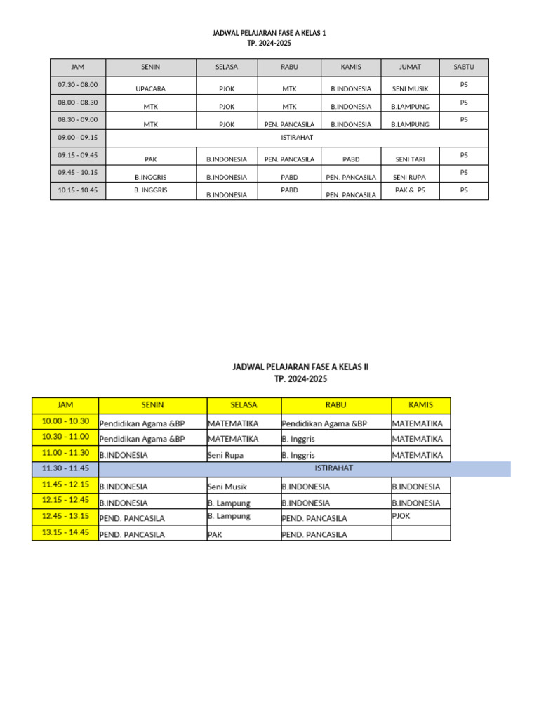 JADWAL PELAJARAN SDN 3 GULAK GALIK | PDF