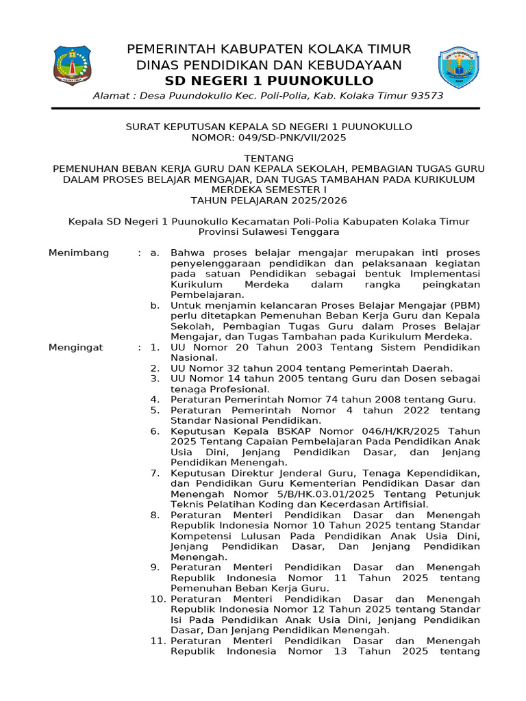 SK Pembagian Tugas Kumer SDN 1 Puunokullo Tp. 2025-2026 Versi 1 | PDF