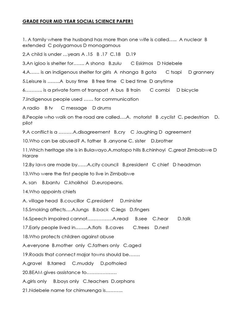 Grade Four Mid Year Social Science Paper1 | PDF