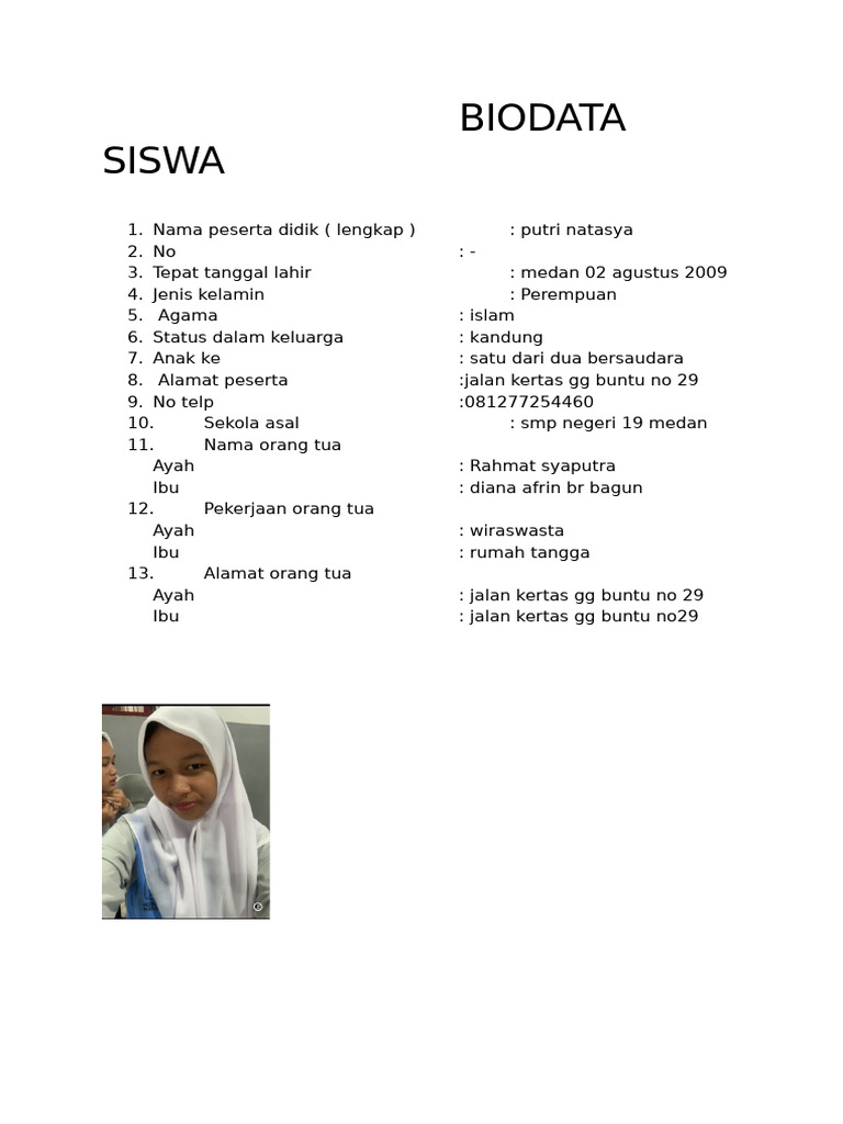 biodata siswa putri natasya | PDF