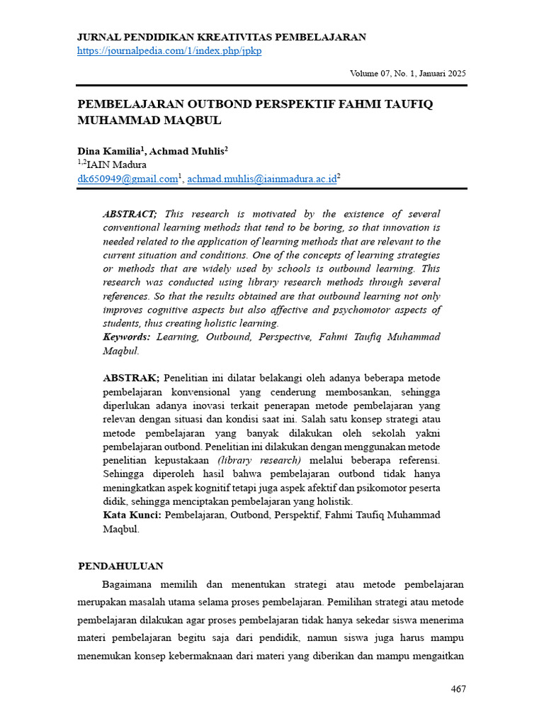 Pembelajaran Outbond untuk Kreativitas Siswa | PDF