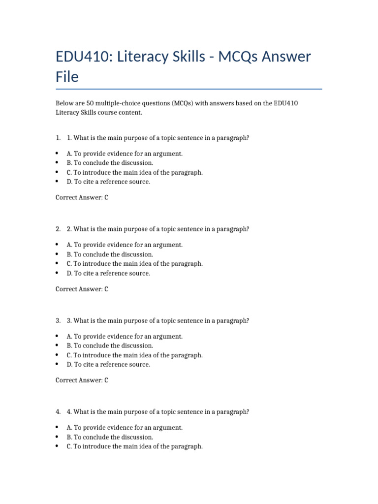 EDU410 Literacy Skills 50 MCQs | PDF | Paragraph | Multiple Choice
