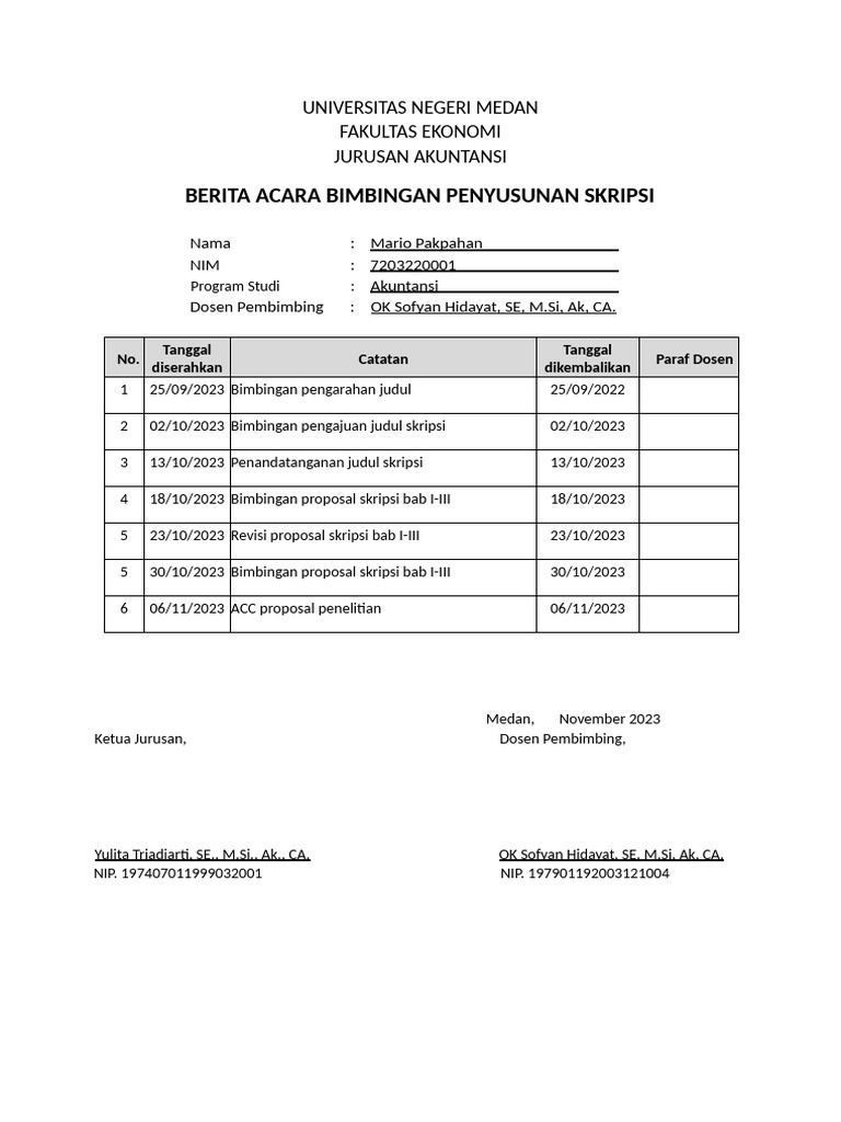 Berita Acara Bimbingan Skripsi Mario | PDF