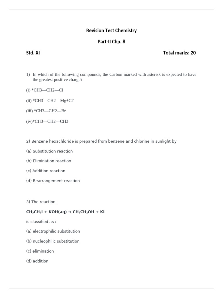 Chemistry Revision Test: Std XI Part II | PDF
