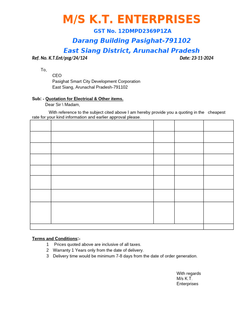 M/S K.T. Enterprises: Darang Building Pasighat-791102 East Siang District, Arunachal Pradesh | PDF