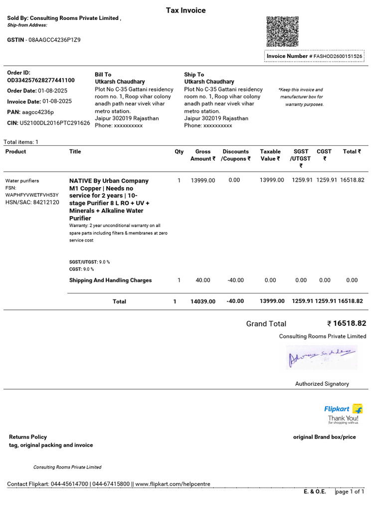 RO+UV water purifier Invoice | PDF | Taxes | Government Finances