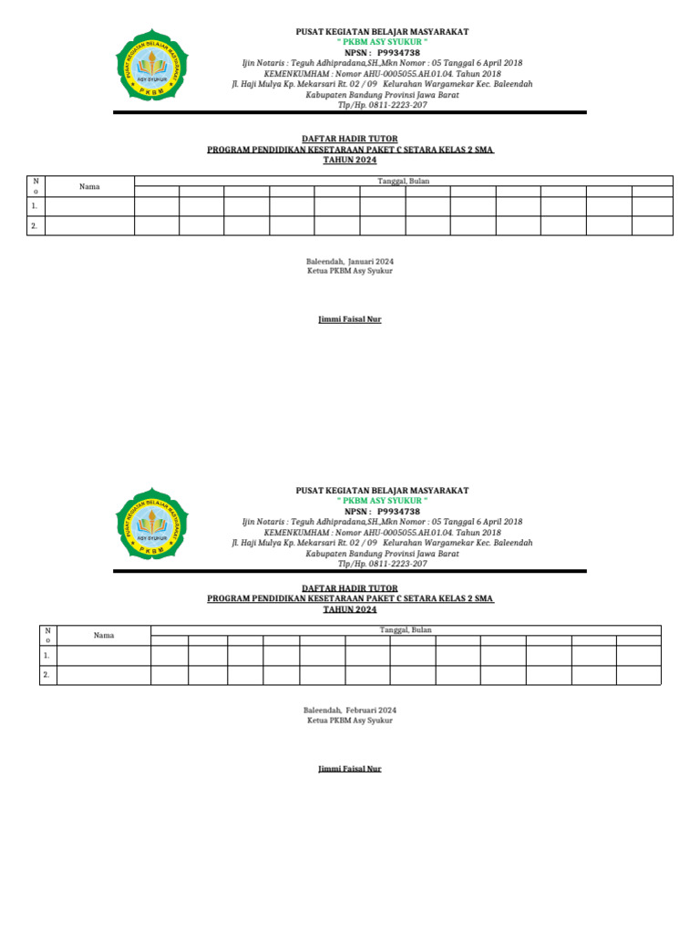 Daftar Hadir Tutor Paket C Kelas 2 SMA | PDF