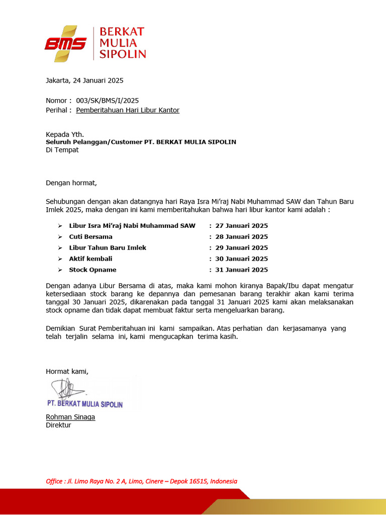 003 - Surat Pemberitahuan Hari Libur Kantor Pt. Bms | PDF