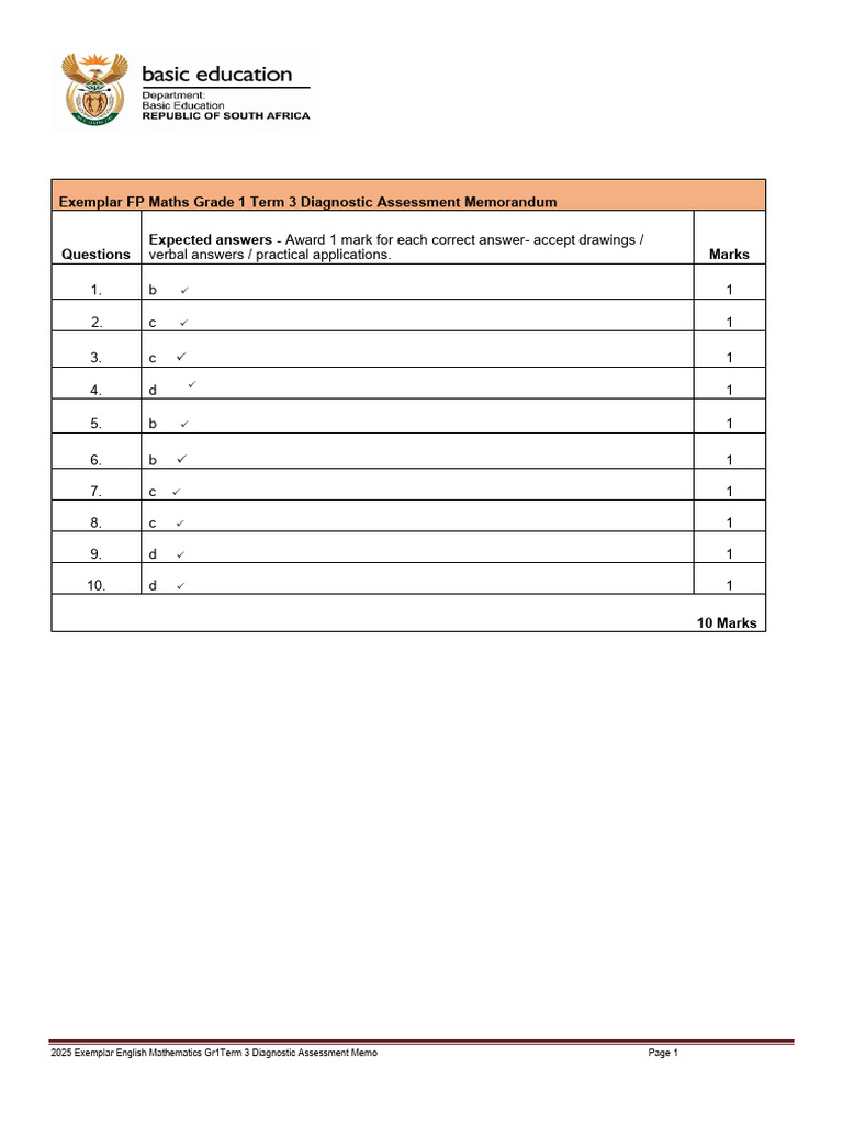 2025 - Exemplar English Gr1T3 Maths Diagnostic Assessment Memo | PDF