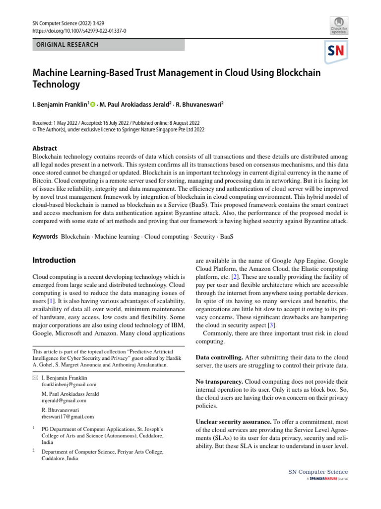 Machine Learning Based Trust Management in Cloud Using Blockchain | PDF | Cloud Computing ...