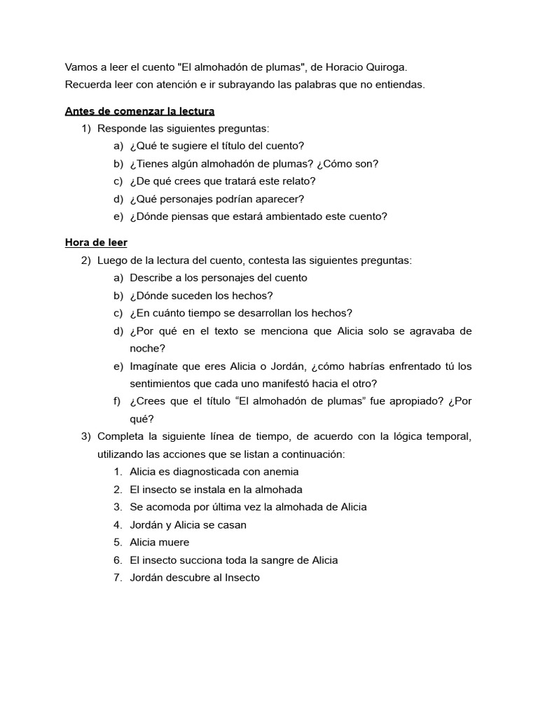 Actividades sobre "El almohadón de plumas" | PDF