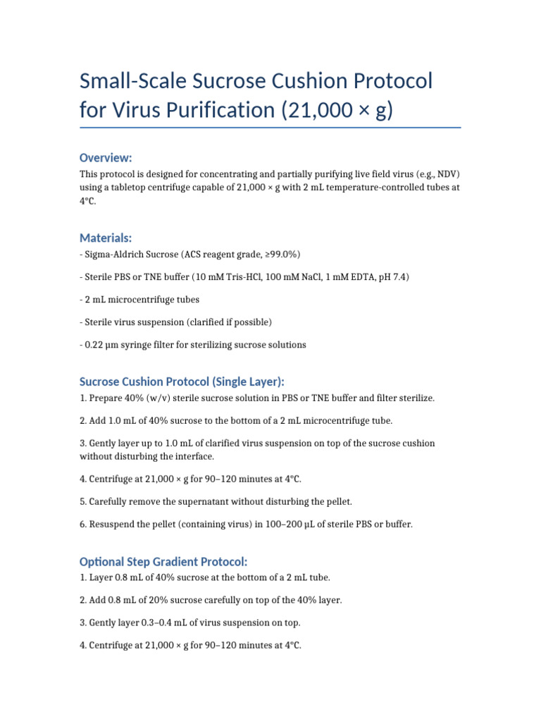 Sucrose Cushion Protocol for Virus Purification | PDF