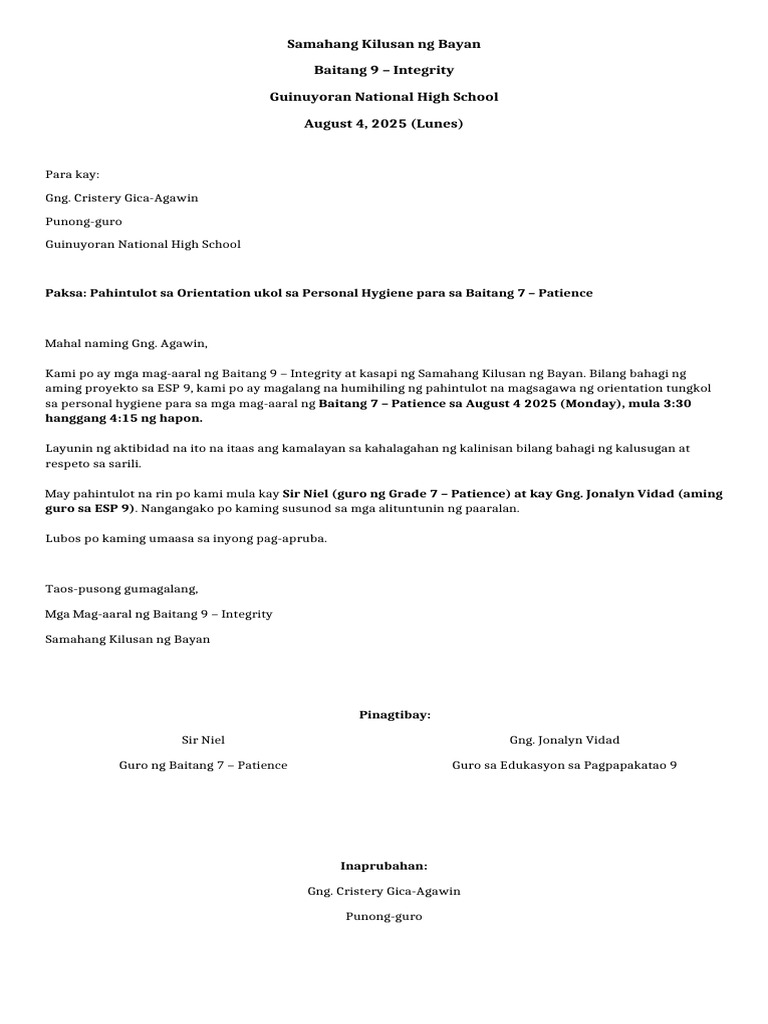 Formal Formatted Hygiene Orientation Letter | PDF