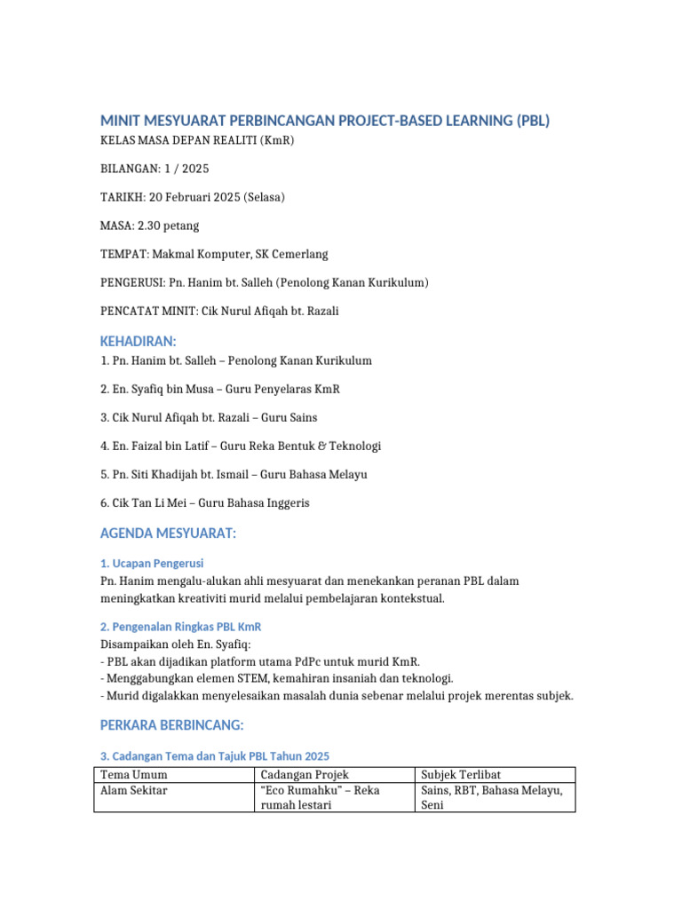 Minit Mesyuarat PBL KMR | PDF