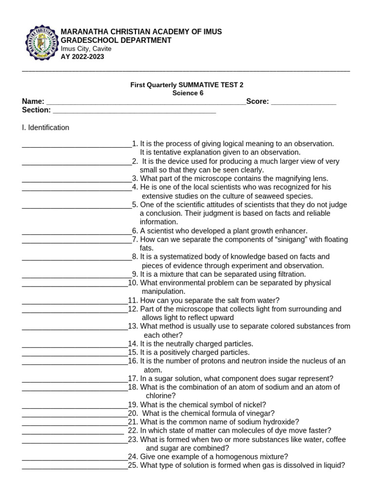 Science 6 Quarterly Test - Grade School | PDF | Sodium | Mixture