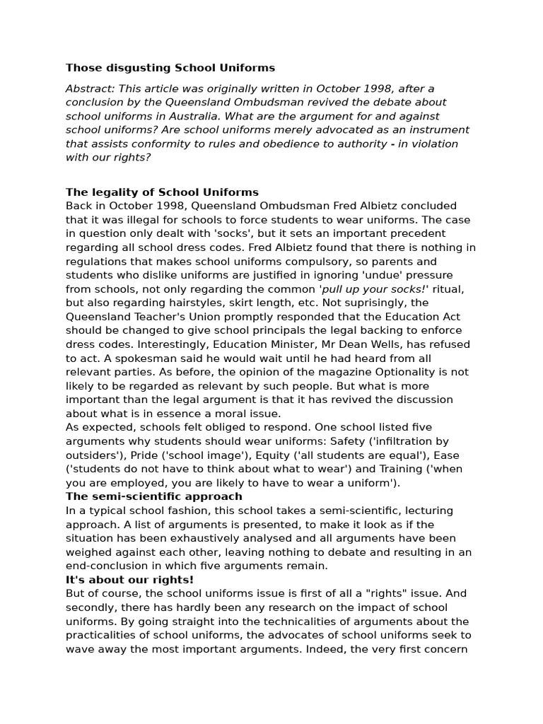The Debate Over School Uniforms' Legality | PDF | Argument | Clothing