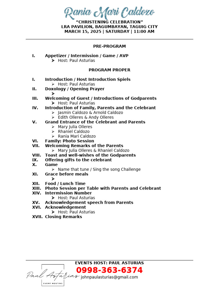 Rania Mari Christening - Program 2025 | PDF