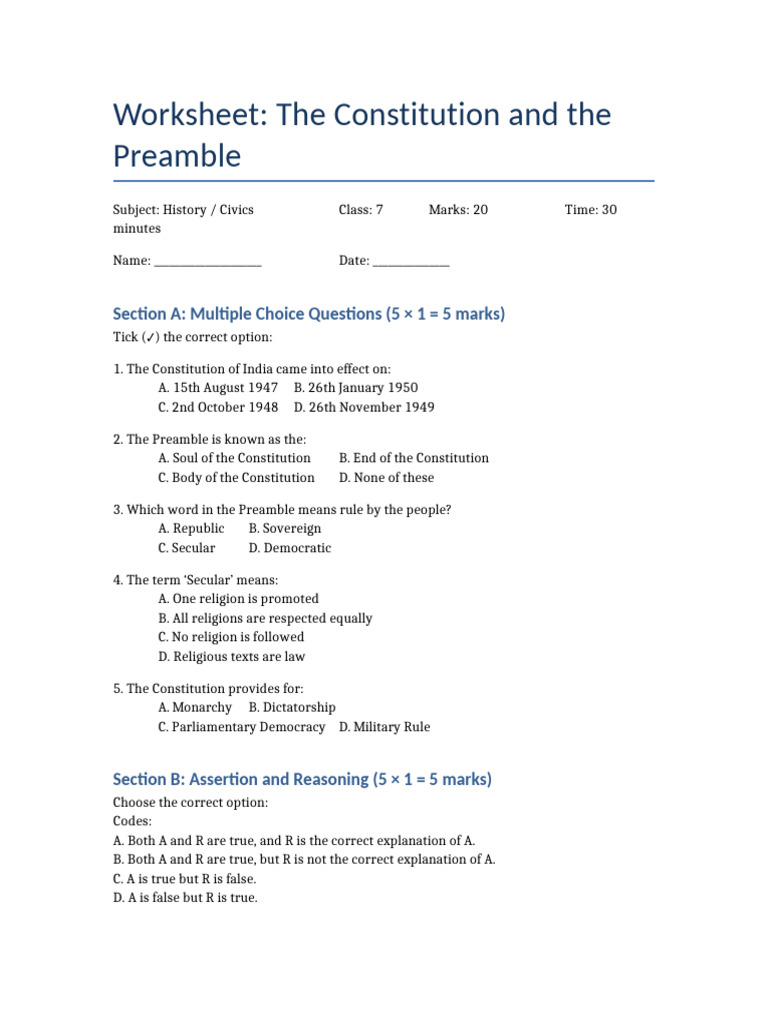 Constitution Preamble Worksheet Class7 | PDF