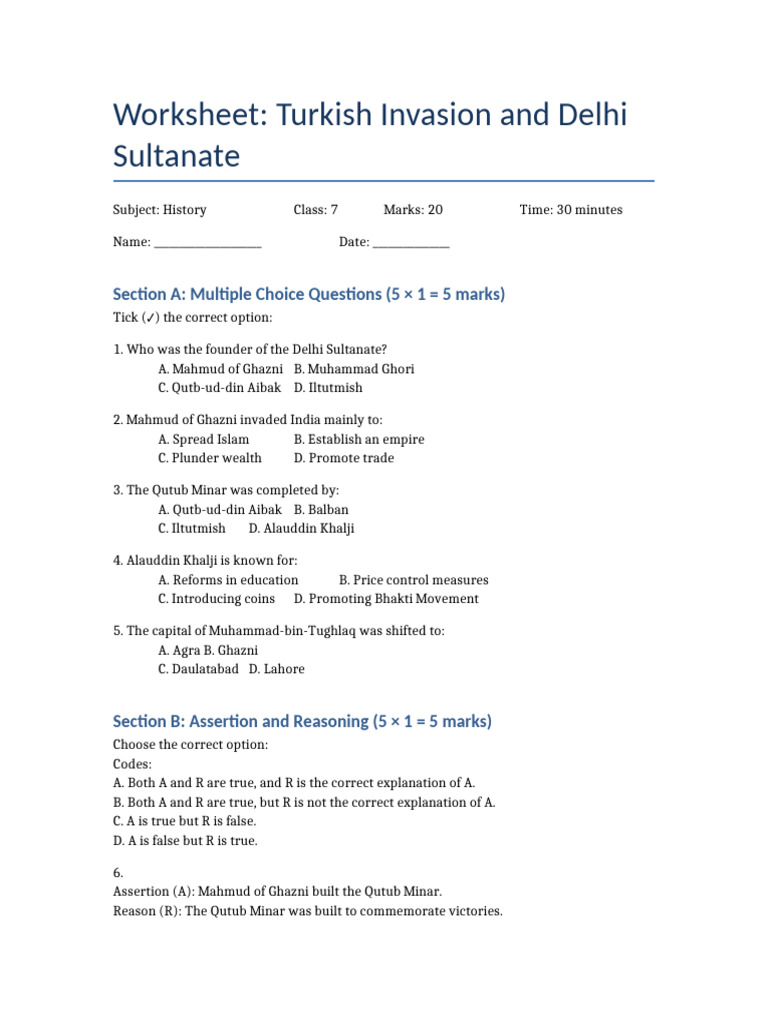 Turkish Invasion Delhi Sultanate Worksheet Class7 | PDF