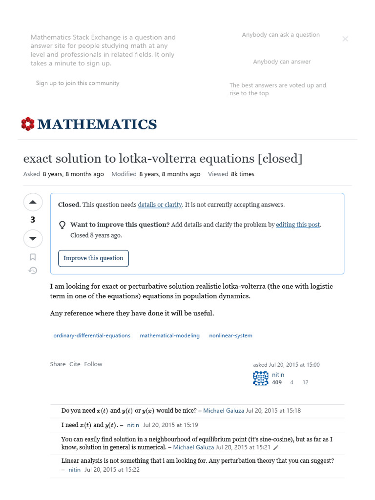 Mathematical Modeling - Exact Solution To Lotka-Volterra Equations - Mathematics Stack Exchange ...