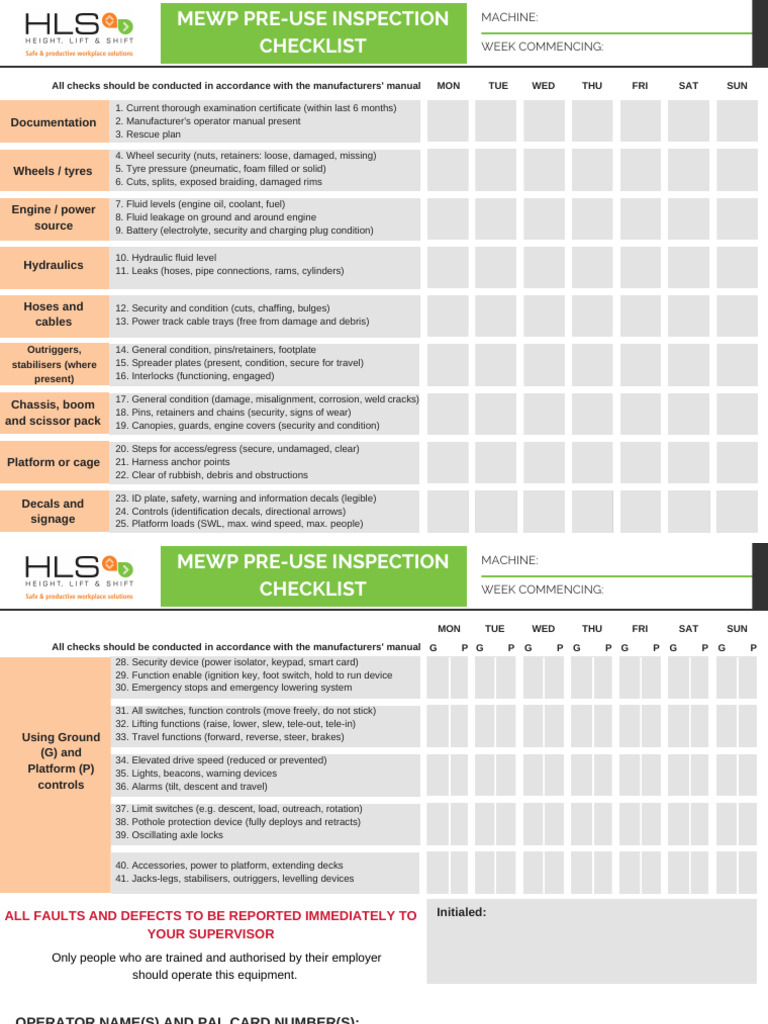 Hls Mewp Pre-Use Inspection Checklist | PDF | Vehicles | Manufactured Goods