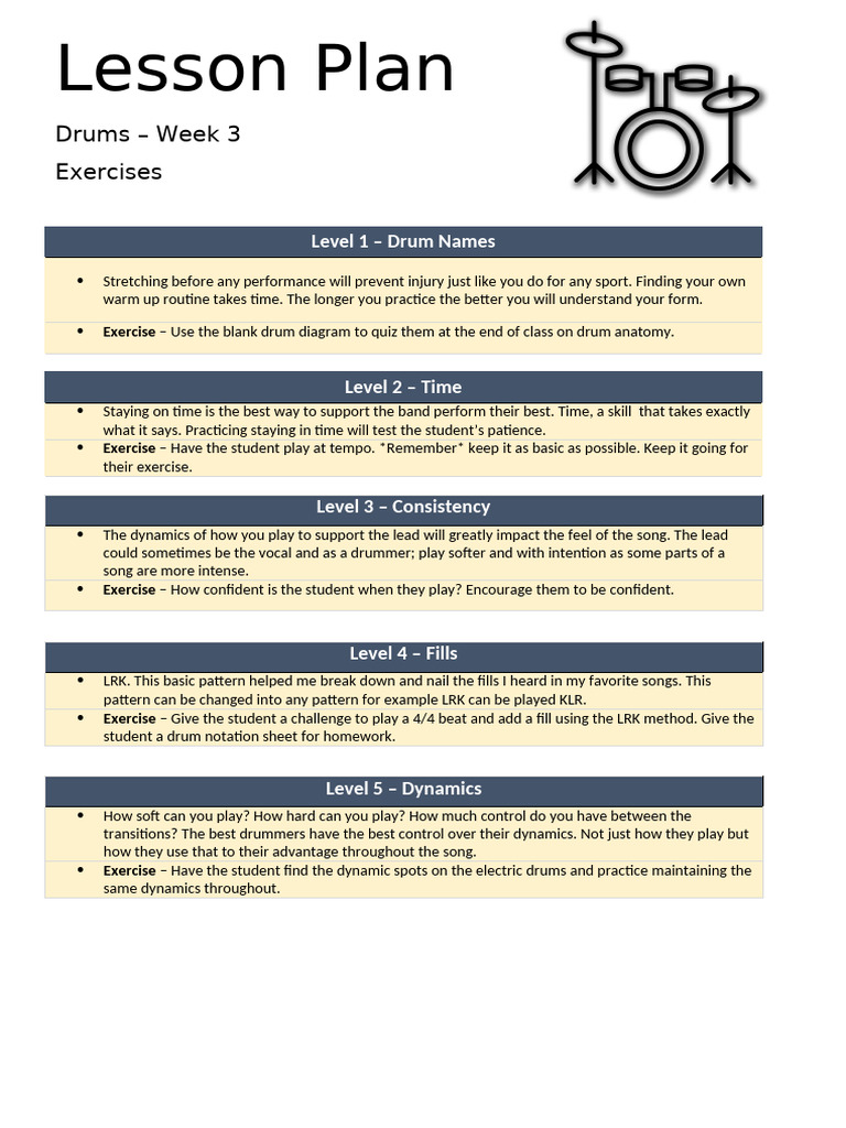 Week 3 Drum Lesson Plan: Exercises & Skills | PDF