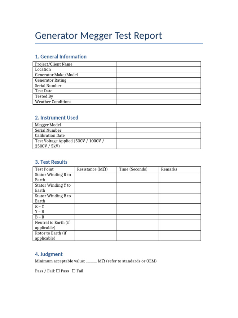 Generator Megger Test Report Template | PDF