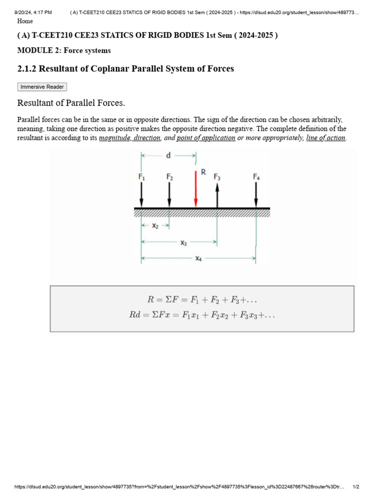 Resultant of Coplanar Parallel Forces | PDF