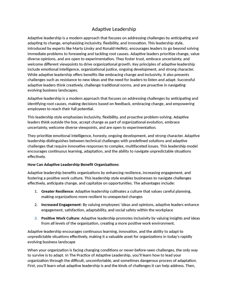 Summary of Adaptive Leadership Principles | PDF | Leadership ...