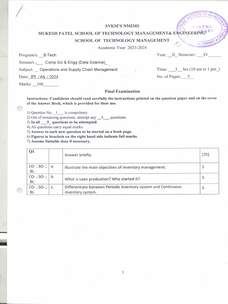 Operations and Supply Chain Management Sem-IV Final Exam 2023-24 ...