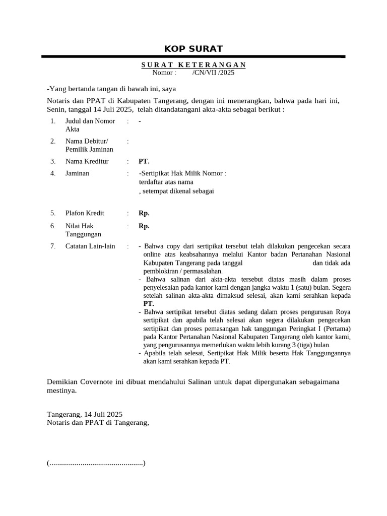 Contoh Cover Note Notaris untuk Bank | PDF