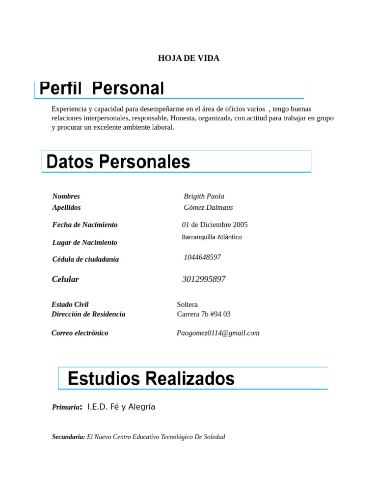 Hoja de Vida de Brigith Paola Gómez | PDF