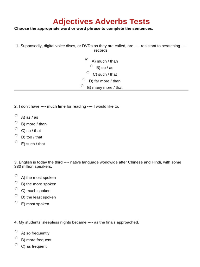 Multiple Choice Tests - Adj, Adv | PDF