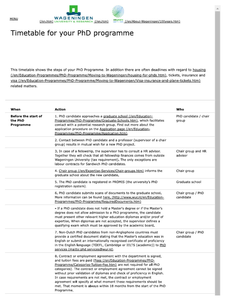 Timetable For Your PHD Programme - WUR | PDF