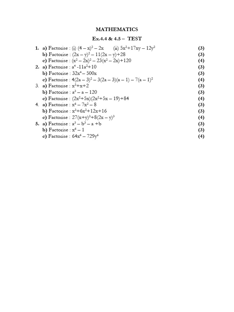 Mathematics Ex.4.4 & 4.5 Test 1. A) (3) B) (3) C) (4) 2. A) (3) B) (3 ...