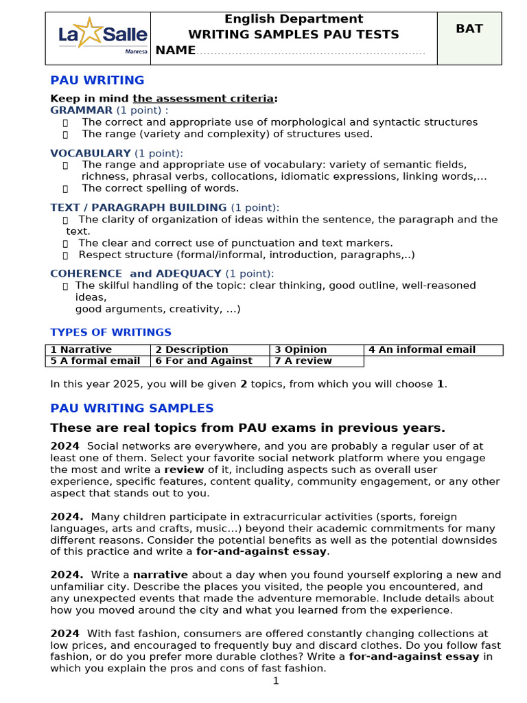 PAU Writing Samples and Assessment Guide | PDF | Zoo | Essays