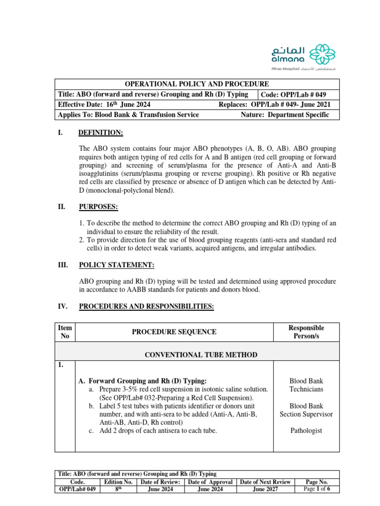 049 ABO (Forward and Reverse) Grouping and RH (D) Typing | PDF ...