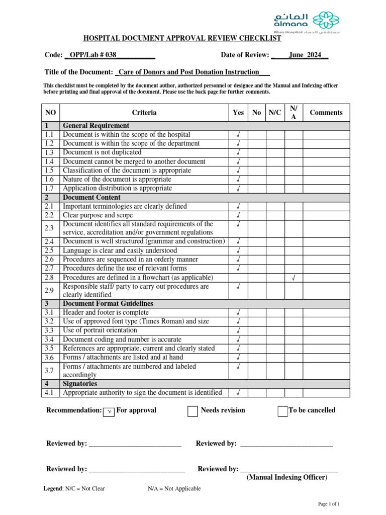 Hospital Donor Care Approval Checklist | PDF | Blood Donation | Blood ...